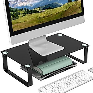 WALI Clear Computer Monitor Stand Riser,Tempered Glass Monitor Riser Heavy Duty 88lbs Monitor Stand for Desk for Laptop, Keyboard, Computer, Printer 5.7 X 9.4 inch (GTT006-B), Black