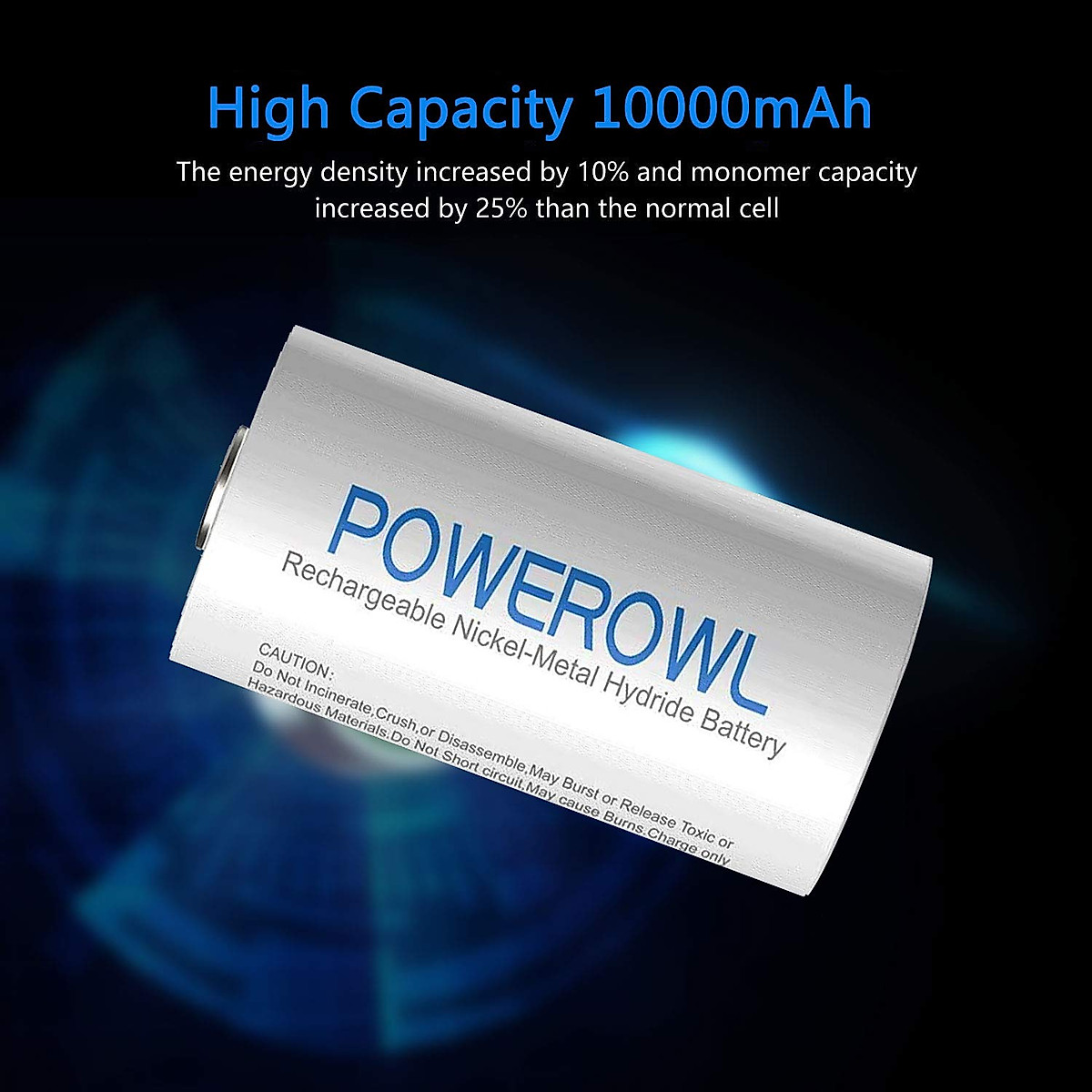 POWEROWL Rechargeable D Batteries 10000mah Low Self Discharge, NiMH, Pre-Charged, 4 Count (Recharge Universal)