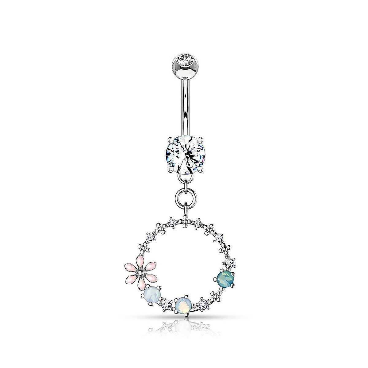 Forbidden Body Jewelry Surgical Steel Fancy Dangle Belly Button Ring with Flower, CZ and Opalite Detail, Circle (Silver)