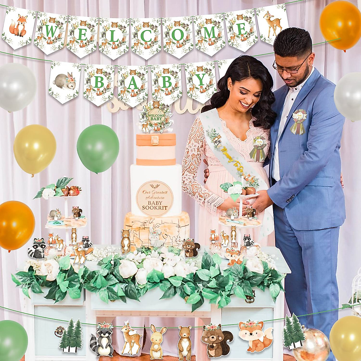 Mpanwen Woodland Baby Shower Sash, Mom to Be & Daddy to Be Corsage Woodland Animal Neutral Mom to be Sash Include Gold Glitter Letters Sash for Baby Shower