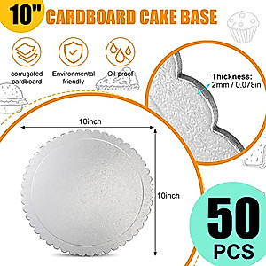 50 Pack 10 Inch Cake Boards Round Silver Scallop Edge Cakeboard Disposable Cakeboard Base Grease Proof Cake Plate for New Year Wedding Birthday Cake, Dessert, Cake, Pizza Decorating and Exhibition