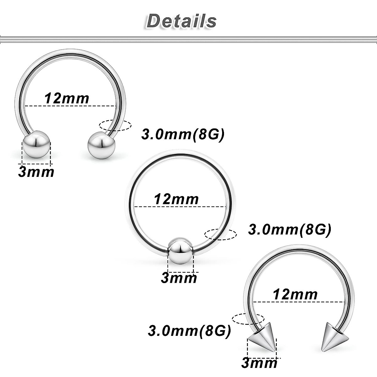 Ocptiy 8G Septum Ring Jewelry Ear Earrring Gauges Tunnel Plug stretching kit Big Large Septum Nose lip Ring Hoop Stainless Surgical Steel Cartilage Helix Tragu Earring Piercing Jewerly Women Men 12mm