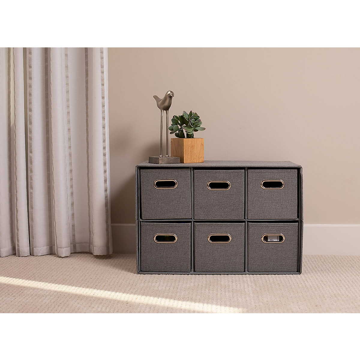 BIRDROCK HOME Linen Cube Organizer Shelf w/ 6 Storage Fabric Bins - Foldable & Durable - Toys, Clothes, Towels - Collapsible Cubby for Kids Room, Dorm, Closet, Bedroom - Large Shelving Cubbies - Grey