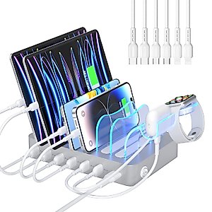 SooPii Premium 6-Port USB Charging Station Organizer for Multiple Devices, 6 Short Charging Cables and One Upgraded i-Watch Charger Holder Included, for Phones,Tablets and Other Electronics, Silver