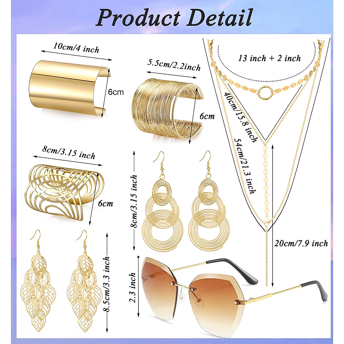 FIRAZIO 7 Pieces 70s Disco Accessories Costume Jewelry Set For Women Rimless Diamond Cutting Sunglasses Gold Cuff Bangle Bracelet Layered Choker Necklace Disco Earrings