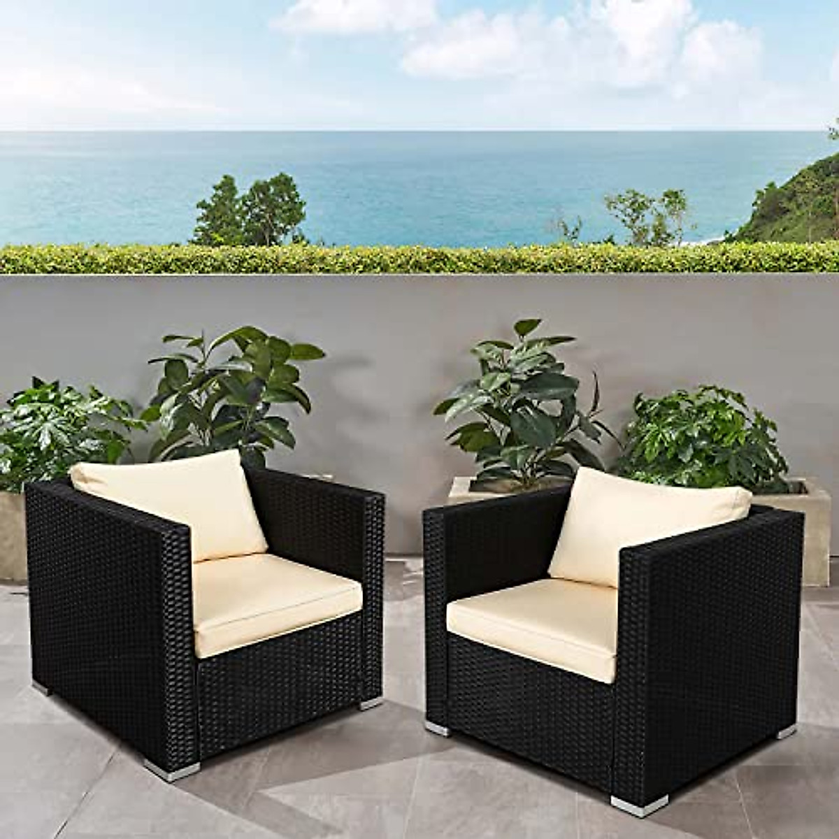 KAWIVAST Patio Single Sofa,Outdoor Patio Armchair,Outdoor Single Sofa,Wicker Patio Single Sofa,Rattan Single Sofa,Outdoor PE Rattan Sofa,All Weather Patio Sofa (2, Black+Beige)