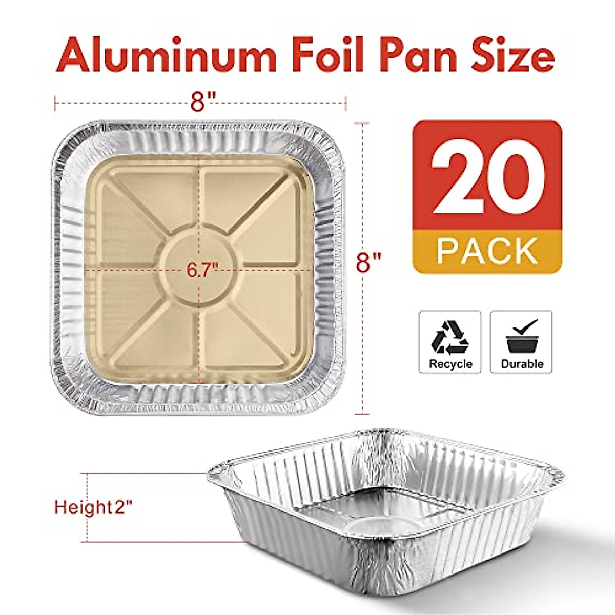 ZALAXY 8" Square Disposable Aluminum Cake Pans with Lids, Foil Pans Food Containers Perfect for Baking Cakes, Cooking, Roasting, Homemade breads (20 Pack)