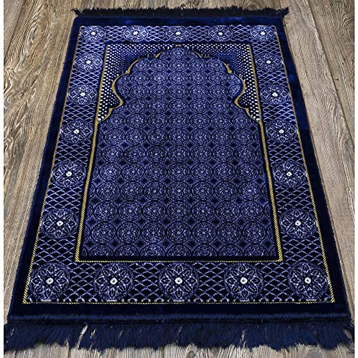 Modefa Turkish Islamic Prayer Rug - Traditional Muslim Janamaz Sajada - Plush Velvet Praying Mat Carpet for Men and Women - Ramadan or Eid Gift - with Kufi Cap & Beads - Floral Stamp Ipek - Blue 2
