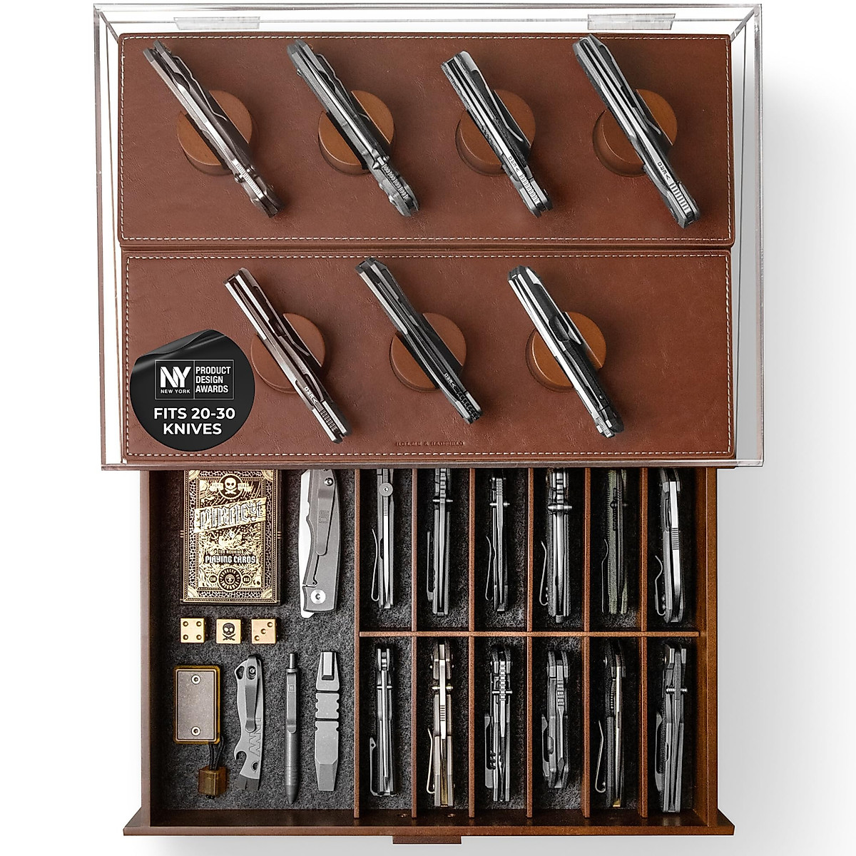 Holme & Hadfield Luxury Pocket Knife Display Case for 20-30 Knives The Armory Pro – Premium Wooden Knife Case for Collections – Large Knife Organizer with Drawer for Men