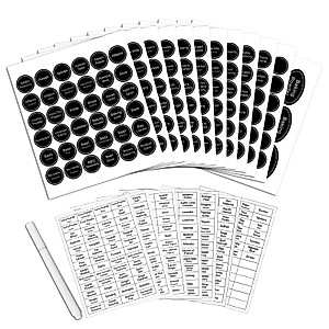 SWOMMOLY 771 Printed Spice Jar Labels with Extra Write-on Labels, Pantry Stickers and Chalk Marker Pen. Chalkboard and Transparent Labels Set