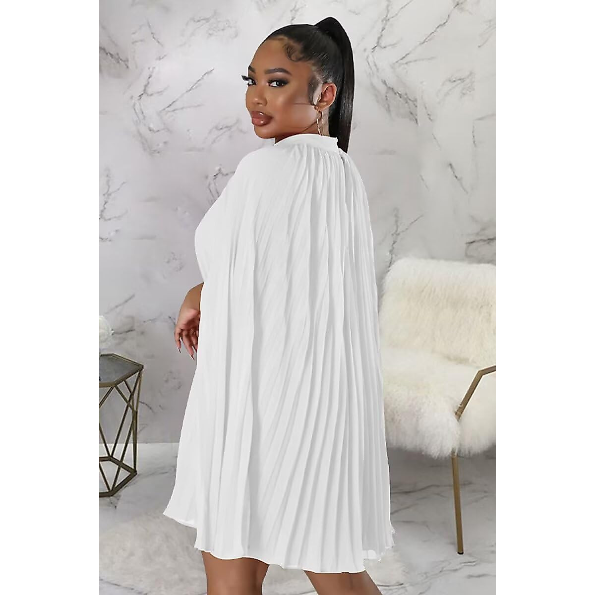 Ekaliy Women’s Chiffon Pleated Cape Dress Cloak Sleeve Knee Length Wedding Guest Shift Dress White M