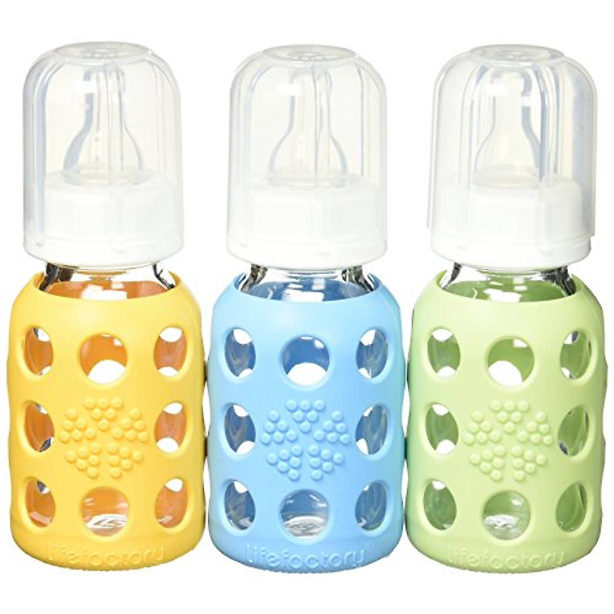 Lifefactory Glass Baby Bottle with Silicone Sleeve 4 Ounce - 3 Pack (Green/Ye...