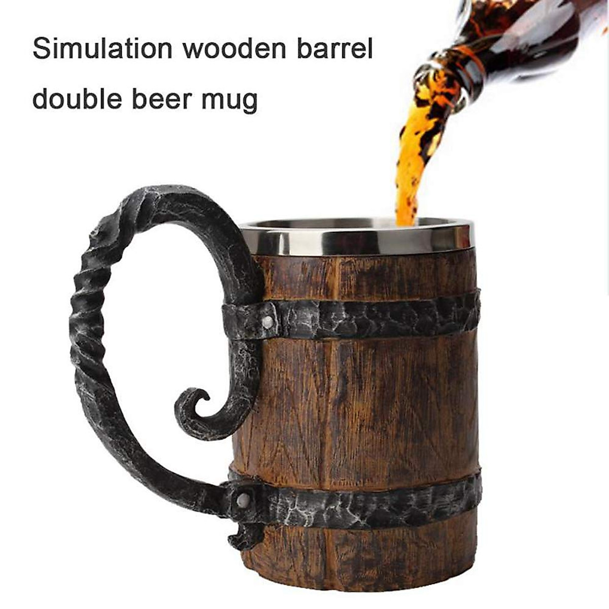 ZPENG Wine Tumbler Beer Cup,Retro Resin Simulation Crude Barrel Stainless Steel Double Wall Insulated Wood Mug Drinkware