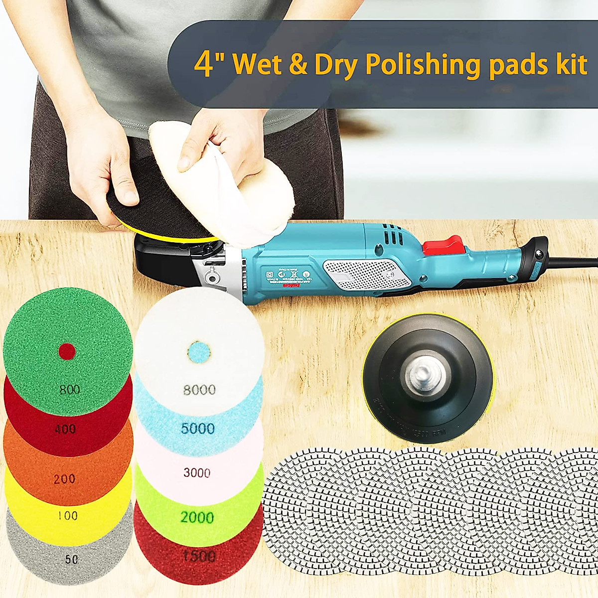 12 Pack 4 Inch Diamond Polishing Pads Kit for Wet Dry Polishing - 50-8000 Grit Pad with 5/8"-11 Backer Pad, Ideal for Granite Tile Concrete Marble Stone Polishing Countertop Quartz