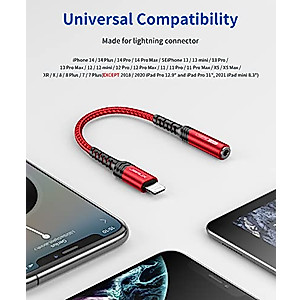 JSAUX Lightning to 3.5mm Adapter (2 Pack), iPhone Headphone Adapter [Apple MFi Certified] iPhone Aux Adapter Compatible with iPhone 14/14 Pro Max/13/13 Pro Max/12/12 Pro Max/11/11 Pro Max/SE/X/XR-Red