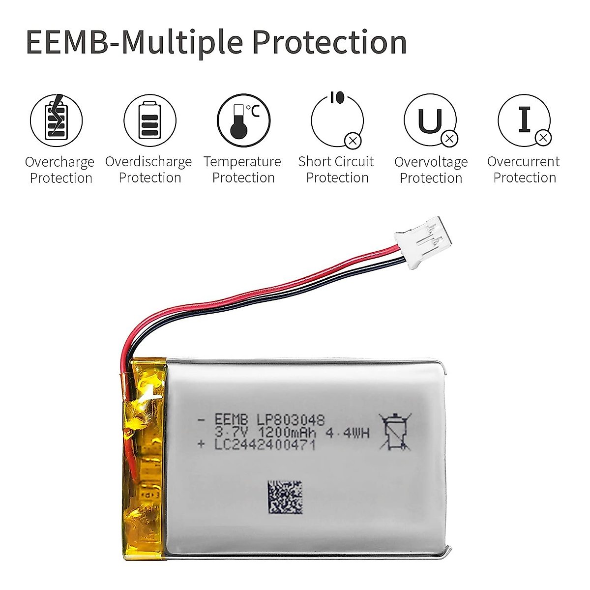 EEMB Lithium Polymer Battery 3.7V 1200mah 803048 Lipo Rechargeable Battery Pack with Wire JST Connector for Speaker and Wireless Device- Confirm Device & Connector Polarity Before Purchase