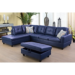 SIENWIEY Blue Leather Sectional Couch for Living Room Set,Sectional Sofa L Shape Couch with Storage Ottoman/Blue Faux Leather/Facing Left Chaise
