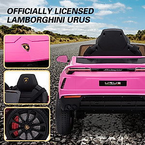 Rock Wheels Licensed Lamborghini Urus Ride On Truck Car Toy, 12V Battery Powered Electric 4 Wheels Kids Toys w/Parent Remote Control, Foot Pedal, Music, Aux, LED Headlights, 2 Speeds (Pink)