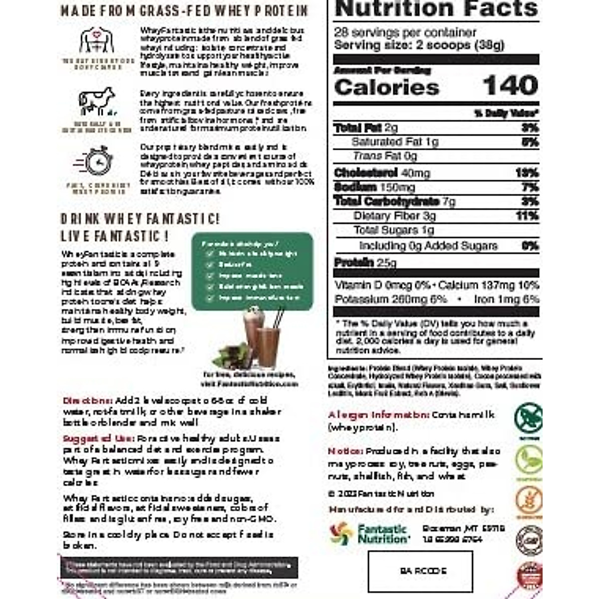 Whey Fantastic Chocolate - 100% Natural Grass Fed Whey Protein Powder - Unique 3-Whey Blend of Whey Isolate, Concentrate & Hydrolysate Provides 25g of Protein per Serving - 2.34lb-28 Servings