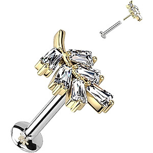 CZ Leaf Threadless Push in Top 316L Surgical Steel Labret, Convex Back Stud (16GA, L: 1/4" (6mm), Gold)