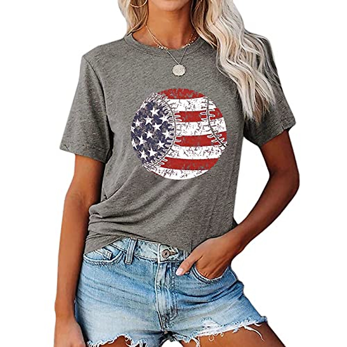 FAYALEQ Women's American Flag Baseball Printed T-Shirt O-Neck Causal Tee Tops Blouse Size L (Gray)