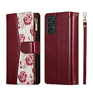UEEBAI Wallet Case for Samsung Galaxy A13/A04s, PU Leather Magnetic Closure Handbag Zipper Pocket Case Kickstand Card Slots with Wrist Strap TPU Flip Cover for A13 5G/4G - Flower Wine Red