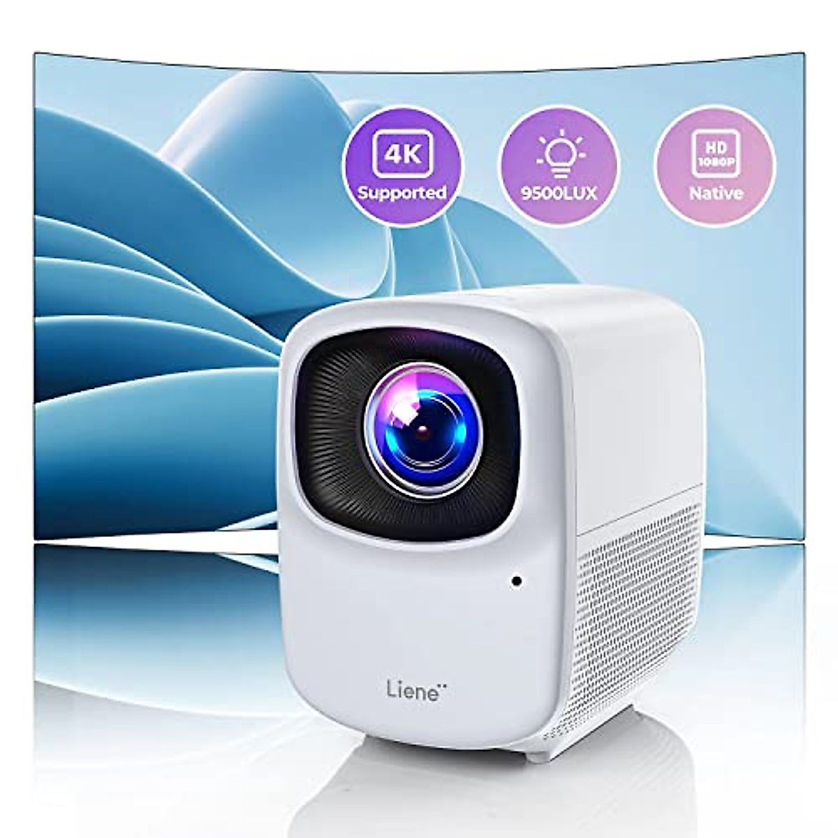 Liene Native 1080P Projector Outdoor/Indoor Smart Mini Projector, 400 ANSI 9500 Lumen 4K Supported, Mini Projector with 360 Degree Surround Sound, Dust-Proof, Compatible with TV Stick, iOS, Android