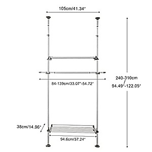 Hershii Indoor Garment Rack Coat Hanger Extendable Clothes Hanging Rails Tension Pole Laundry Room Storage Shelf Heavy Duty Clothing Display Stand Holder Airer Space Saving Organizer - Grey