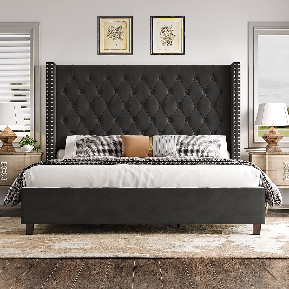 PaPaJet King Size Bed Frame 61.4" Tall Headboard Upholstered Velvet Platform Bed with Handmade Deep Button Tufted/No Box Spring Required/Black