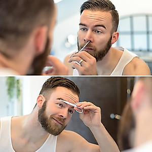 Nose Hair Scissors, Ear Hair Facial Hair Scissors, Eyebrow Grooming Scissors, Stainless Steel Small Beauty Trimming Scissors, Curved and Rounded Scissors, Mirror, Travel Case, Tweezer, Men and Women