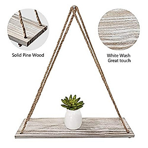 EMAISON Hanging Distressed Wood Floating Shelves with Swing Rope, Farmhouse Organizer Rustic Home Décor, Set of 2 (Set of 2, White Wash)