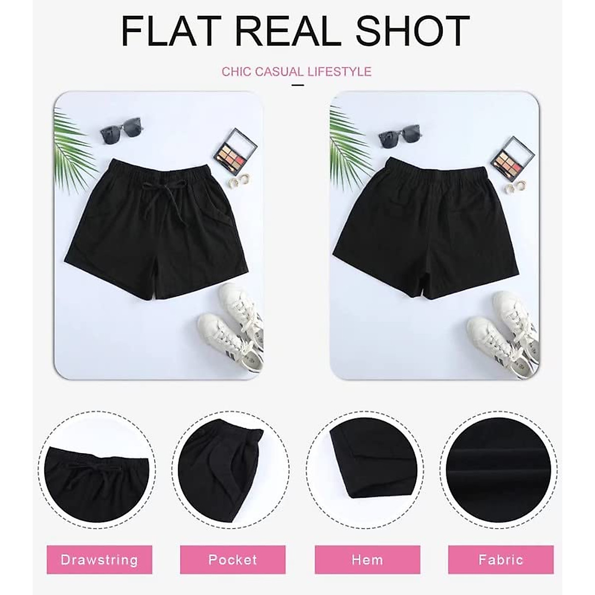 Dokotoo Womens Ladies Beach Casual Solid Drawstring Elastic Waist Loose Comfy Cotton Linen Shorts with Pocket Linen Shorts Pants Black X-Large