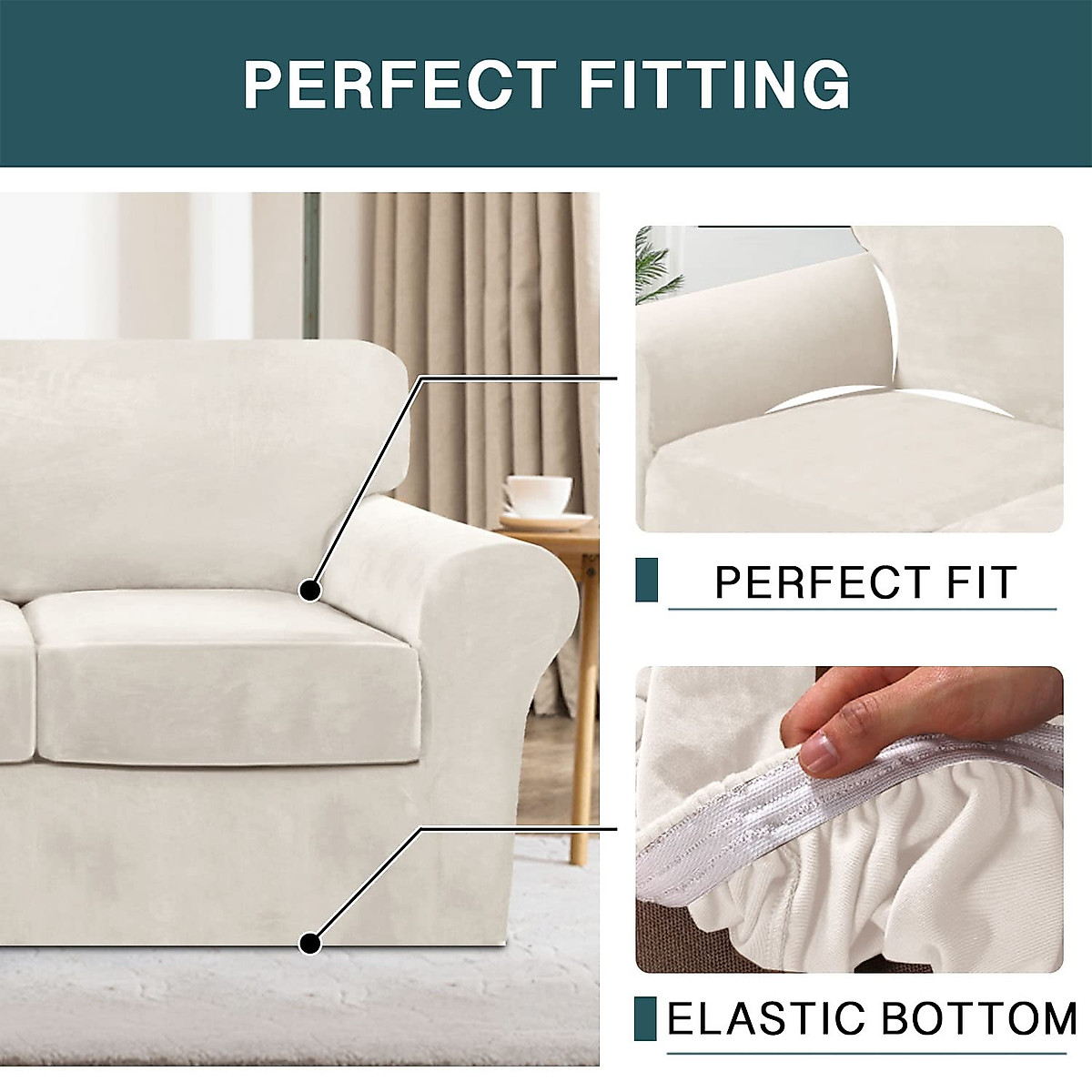FantasDecor 3 Piece Sofa Covers Velvet for 2 Cushion Couch Stretch Loveseat Slipcover with Individual Seat Elastic Furniture Protector for Pets (Loveseat, Ivory)