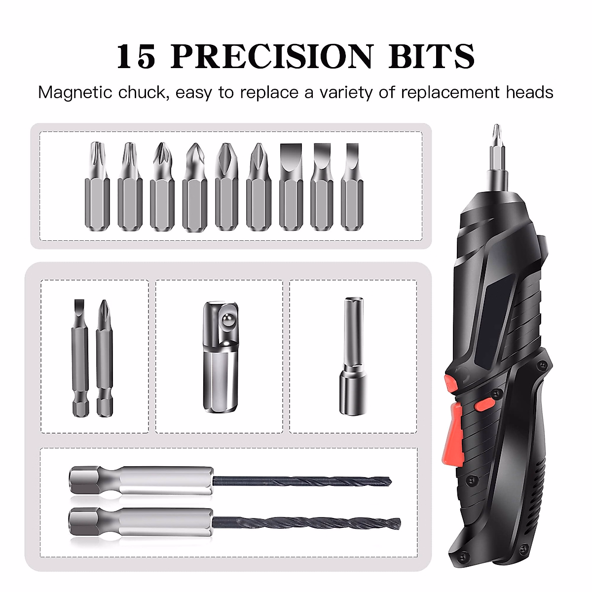 Electric Screwdriver 15pcs Cordless Screwdriver 3.5N.m Power Screwdriver, 3.6V Cordless Drill Screwdriver Rechargeable with Led Light, Deformation Handle (Medium)