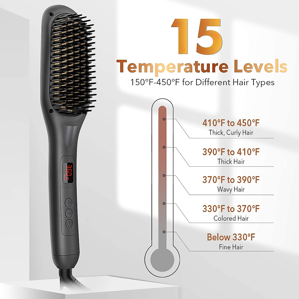 Hair Straightener Brush, Ionic Hair Straightener Comb for Home Salon, Hot Brush with 15 Temp for Universal Use, Auto-Off Safety with Anti-Scald