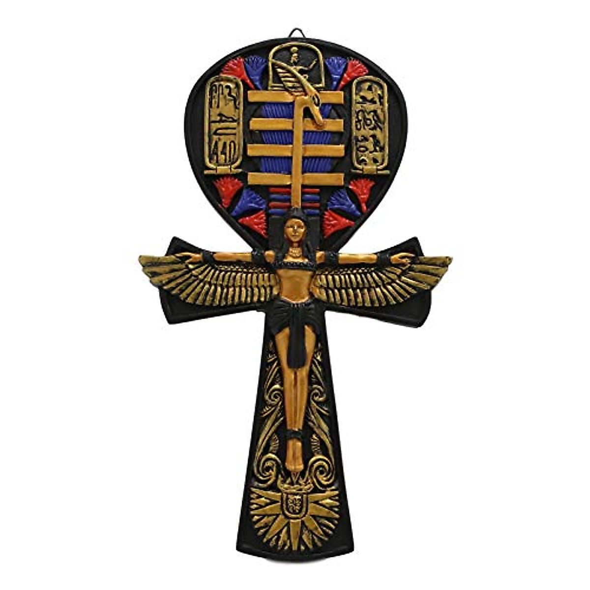 Ebros Crux Ansata Egyptian Ankh Of Isis With Open Wings And Cartouche Hieroglyphs Wall Decor Accent 3D Plaque Figurine 7.5" High Symbol of Life And Balance Gods Of Egypt (Colorful Black And Gold)