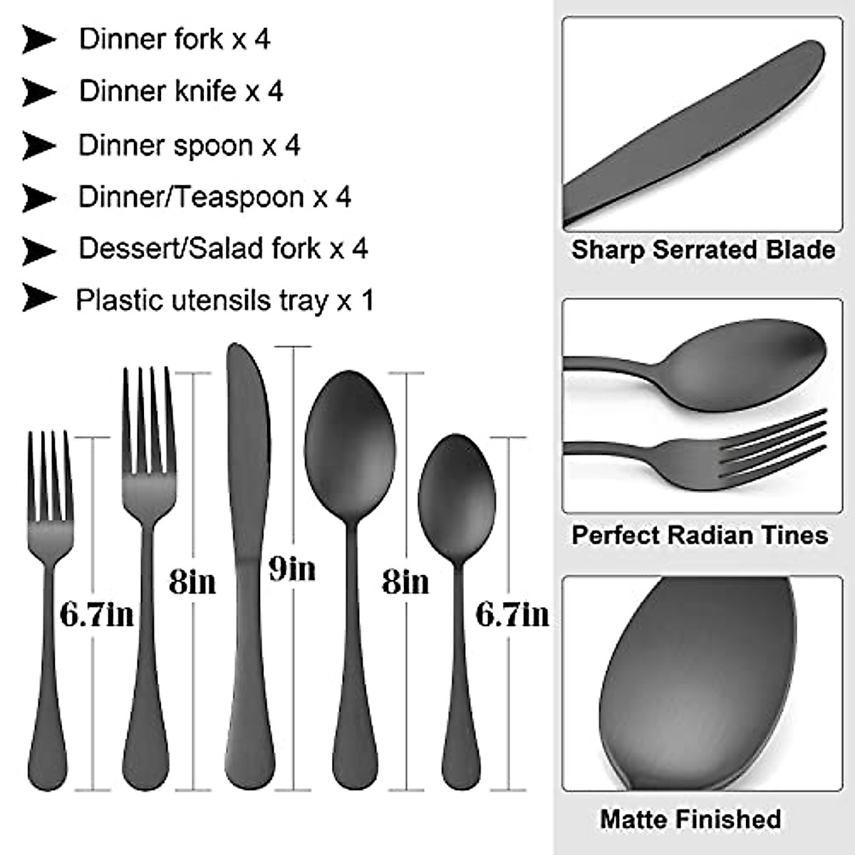 20-Piece Black Silverware Set with Tray, E-far Stainless Steel Flatware Cutlery Set Service for 4, Eating Utensils Tableware with Plastic Organizer for Home Kitchen, Matte Finished & Dishwasher safe