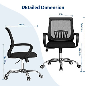 Black Office Desk Chairs with Lumbar Support, armrests Black Mesh Ergonomic Computer Chair can Lift and 360°Swivel, Made of Silver Aluminum Legs