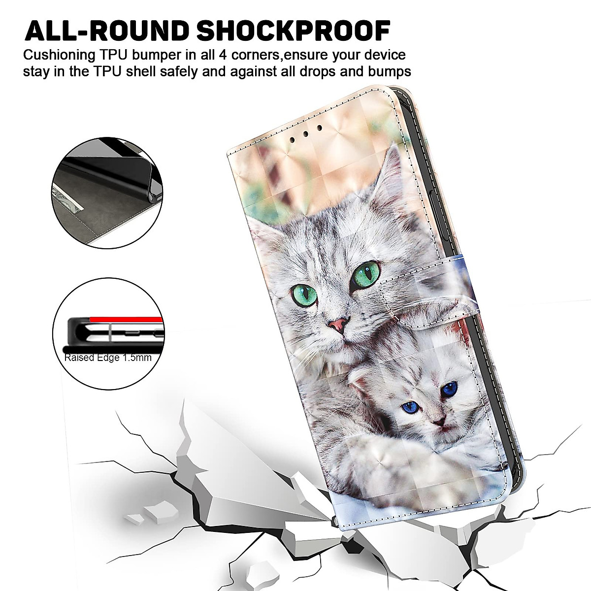VODEFOX for Oneplus Nord N20 5G Case, Wallet Flip Folio Cute 3D Cartoon Painted PU Leather Case Women Card Slots Kickstand Magnetic Closure TPU Bumper Cover for Oneplus N20 5G - Two Cats