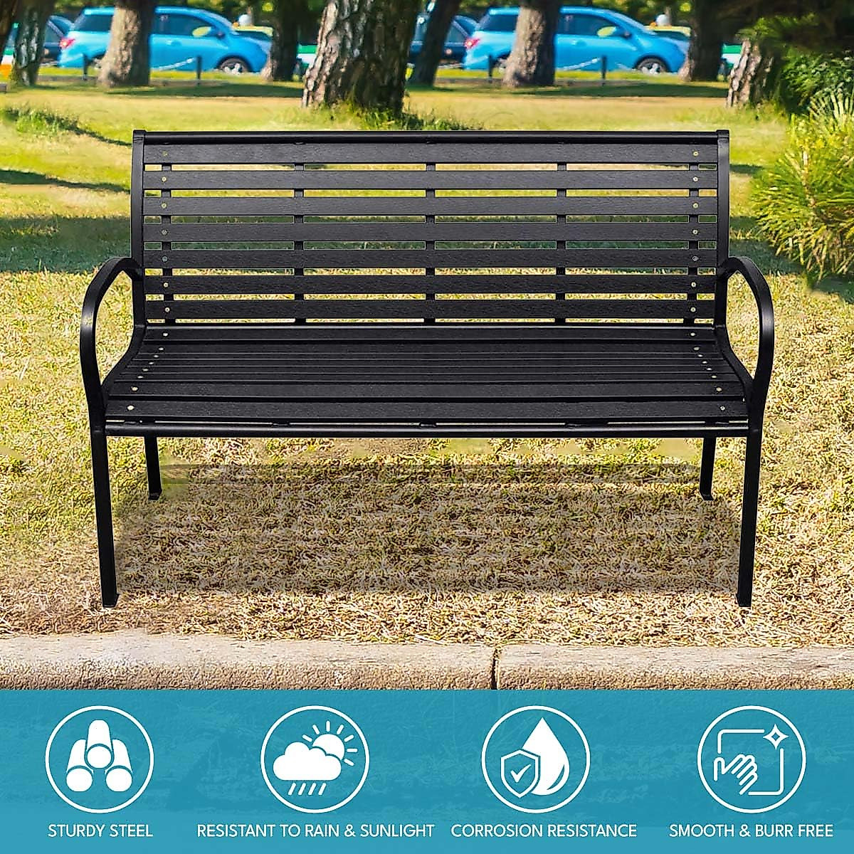FunMay Patio Bench, Black Steel and WPC, Durable Outdoor Seating