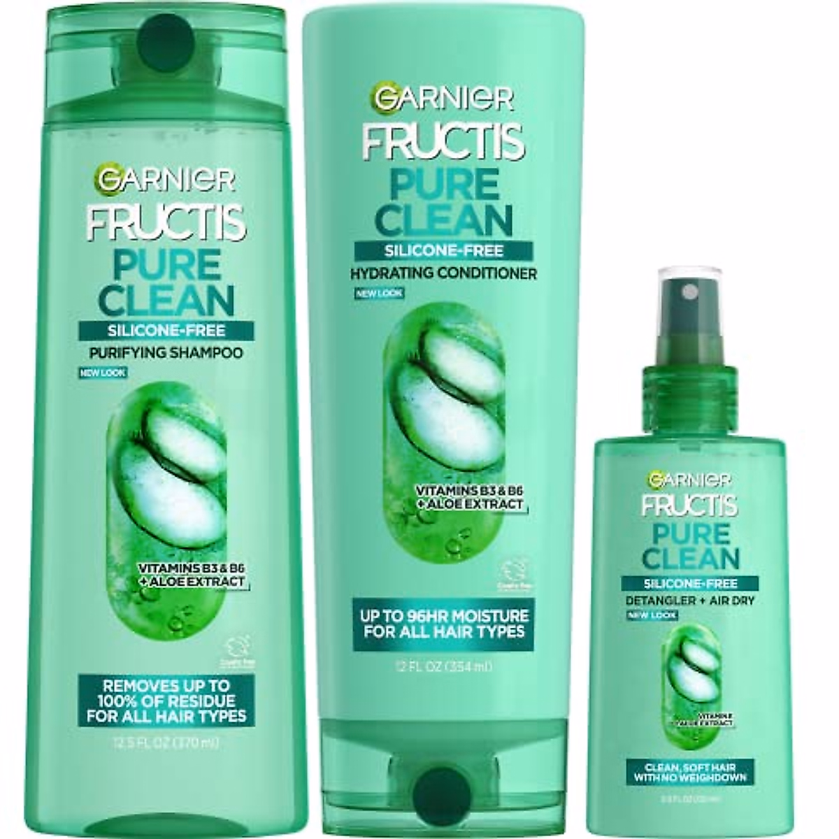 Garnier Fructis Pure Clean Purifying Shampoo, Hydrating Conditioner, and Detangler + Air Dry Spray Set (3 Items), 1 Kit (Packaging May Vary)
