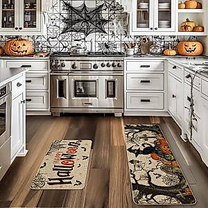 Artoid Mode Pumpkin Cat Spider Web Crucifix Bat Halloween Kitchen Mats Set of 2, Black Home Decor Low-Profile Kitchen Rugs for Floor - 17x29 and 17x47 Inch