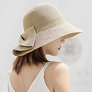 Womens Wide Brim Slit Sun Hat Bow Knot Summer Straw Sun Hats for Women (Beige)
