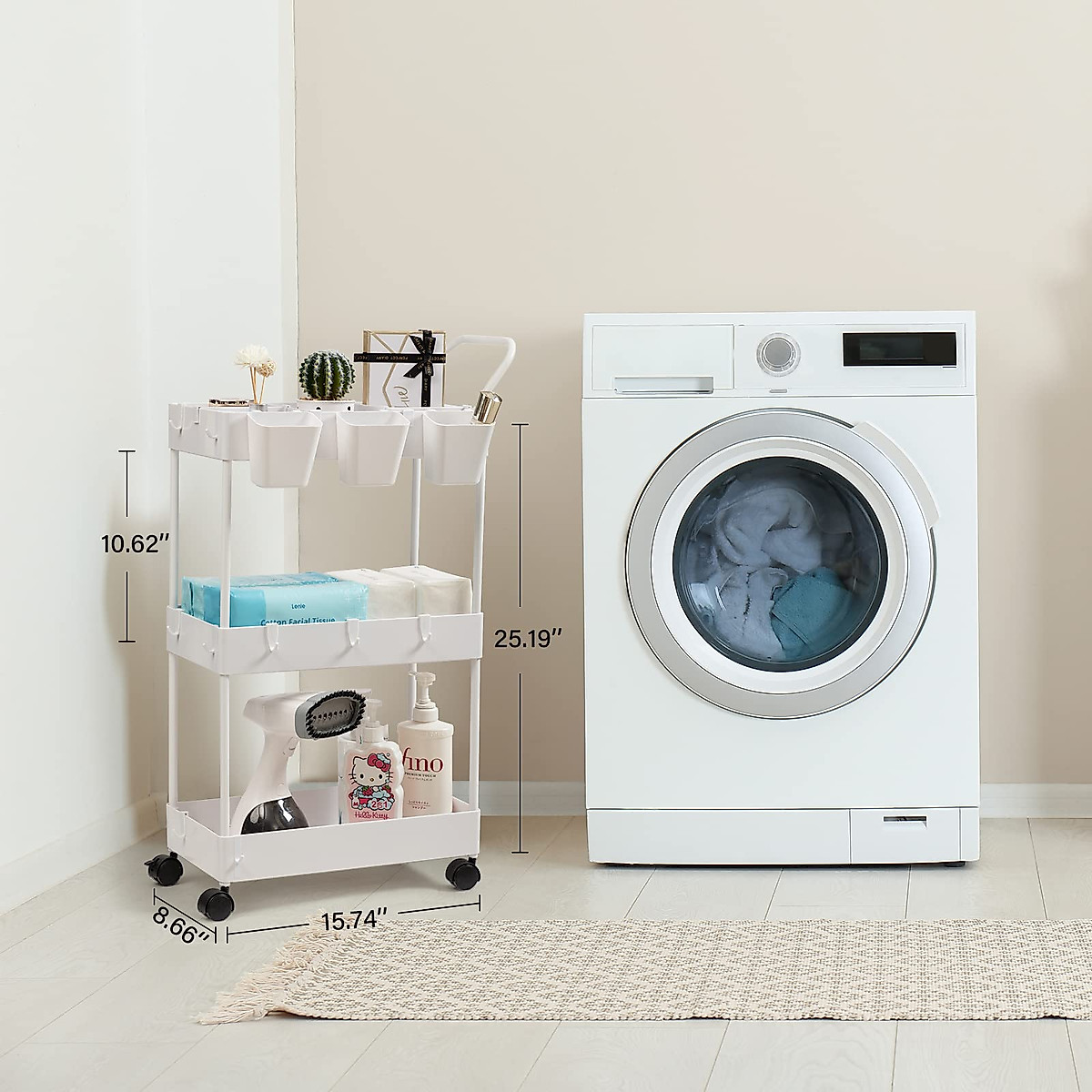 danpinera 3 Tier Rolling Utility Cart with Hooks & Handle Storage Organization Shelves Coffee Bar Cart Service Cart Trolley for Kitchen, Bathroom, Office, Workshop (Dark Blue)