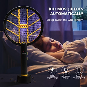 COKIT Electric Fly Swatter Racket, Mosquito Killer Bug Zapper Indoor, UV LED Light Fly Zapper 3500V with Wall Bracket, Rechargeable Insect Killer for Gnats, Mosquitoes, Moths, 1 Pack (Black+Yellow)