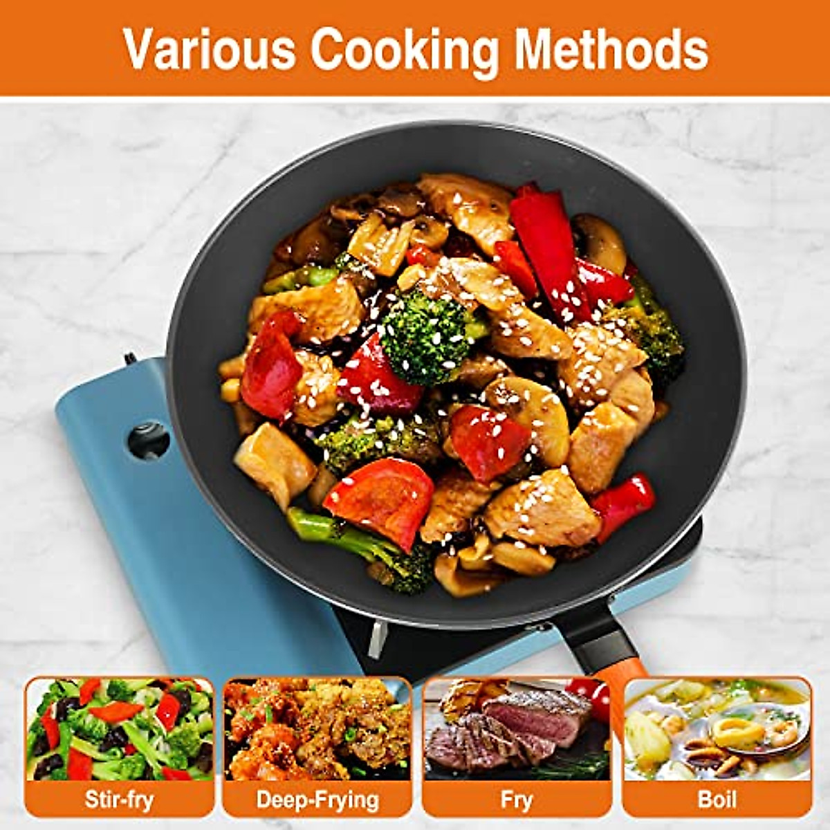 Anyfish Nonstick Wok 13.1 inch Stir-fry Wok Pan with Lid Pre-seasoned Carbon Steel Wok with Silicone Spatula No Chemical Coating Chinese Wok Flat Bottom for Induction, Coil Top, Electric, Gas Stove