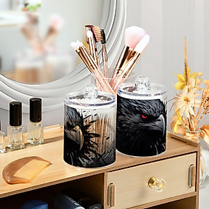 GOODOLD Crow Head Pattern Qtip Holder 2 Pack - 10 Oz Clear Plastic Apothecary Jar Set for Bathroom Organization - Versatile Canister Storage for Cotton Balls, Swabs, Rounds