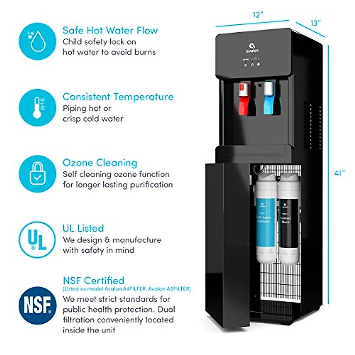 Avalon A7BOTTLELESSBLK Self Cleaning Touchless Bottleless Cooler Dispenser-Hot & Cold Water Child Safety Lock, UL/Energy Star, Black