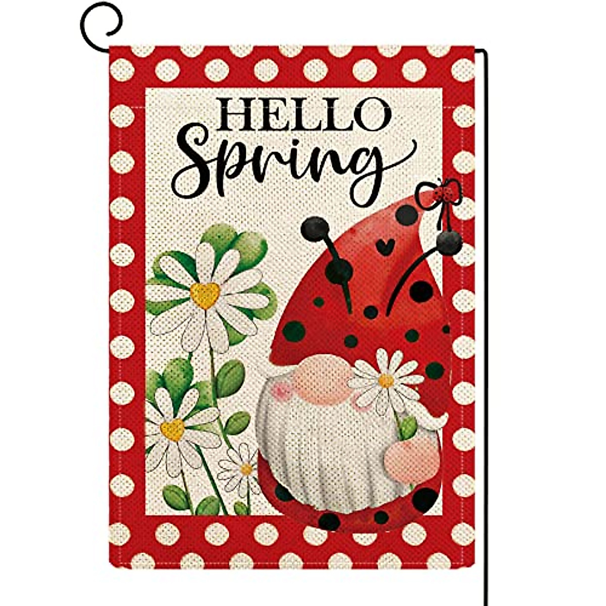 ORTIGIA Hello Spring Gnome Garden Flag Ladybug Gnome Burlap Double Sided Vertical 12x18 Inch Spring Daisy Floral Yard Decor Spring Porch Flag Farmhouse Seasonal Outdoor Flag