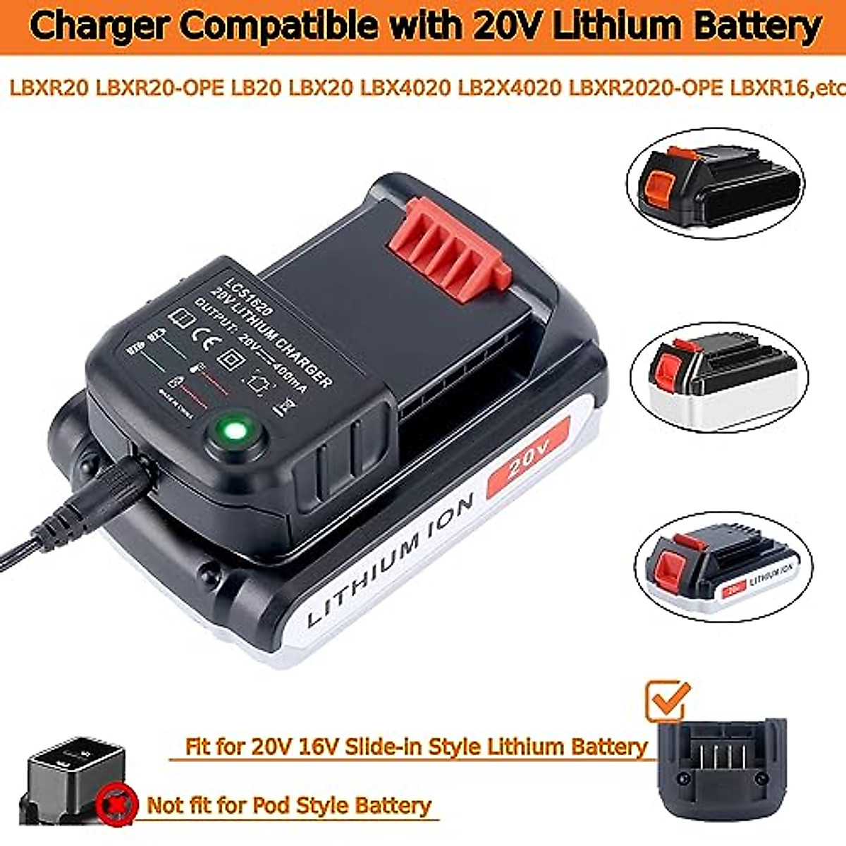 Swidan Battery Charger Compatible with Black and Decker 20V 16V MAX Lithium Ion Battery LBXR20 LBXR20-OPE LB20 LBX20 LBX4020 LB2X4020 LBXR2020-OPE LBXR16